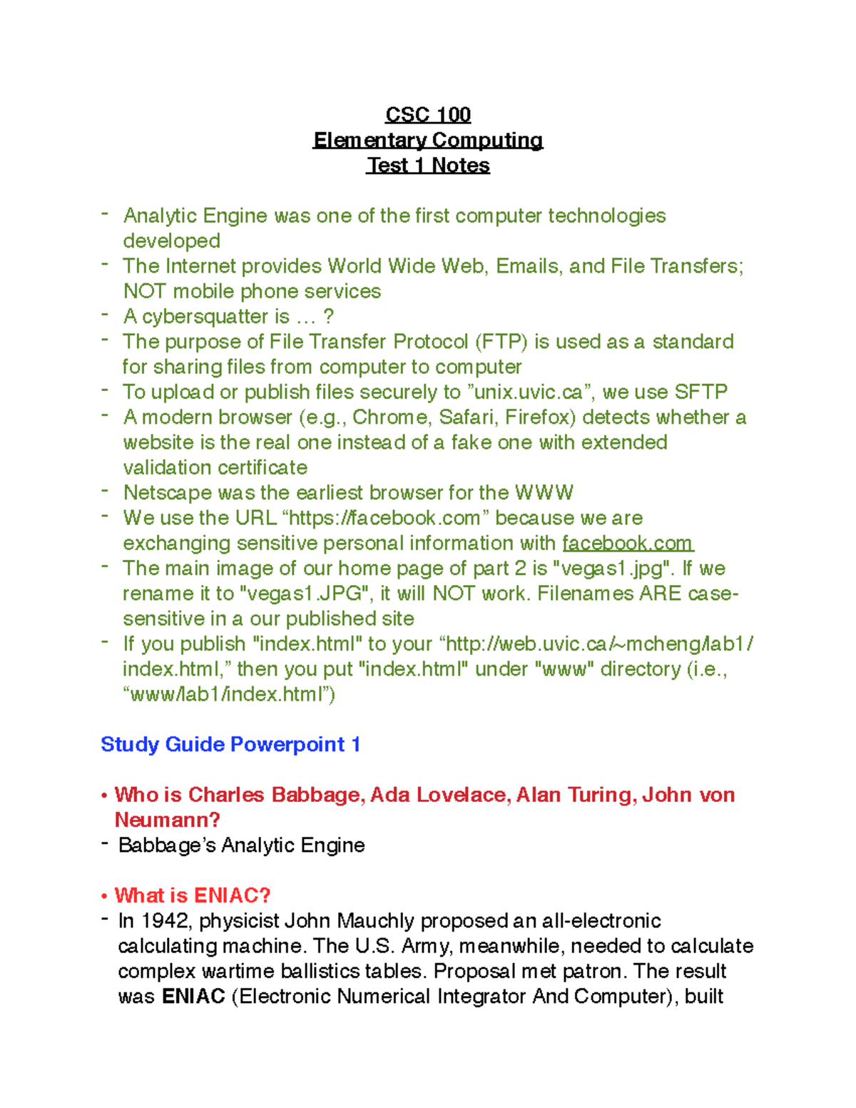 CSC Test 1 Notes - study guide for all material up to test 1 - CSC 100 ...