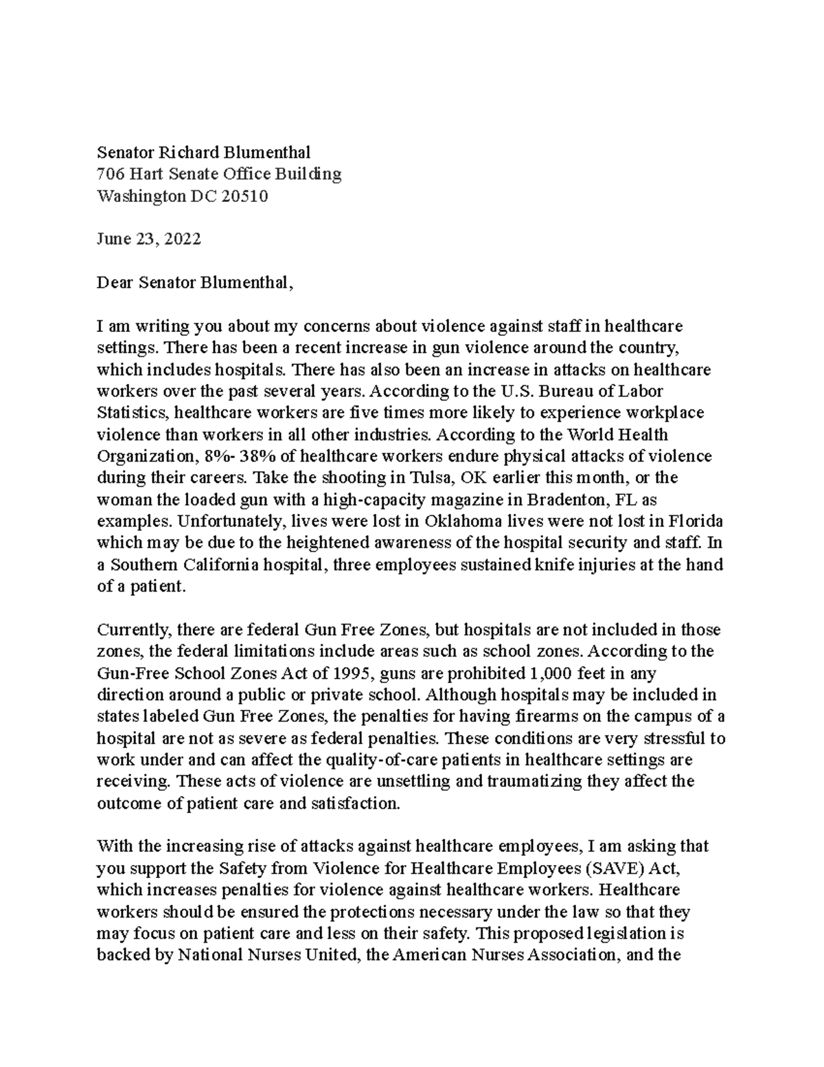 Political Action Letter - Senator Richard Blumenthal 706 Hart Senate ...