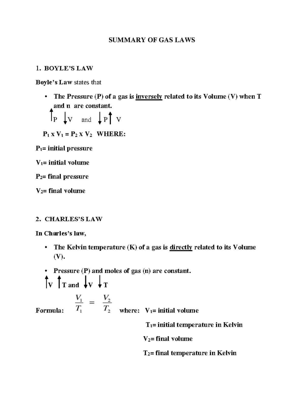 Summary OF GAS LAWS - SUMMARY OF GAS LAWS 1. BOYLE’S LAW Boyle’s Law ...