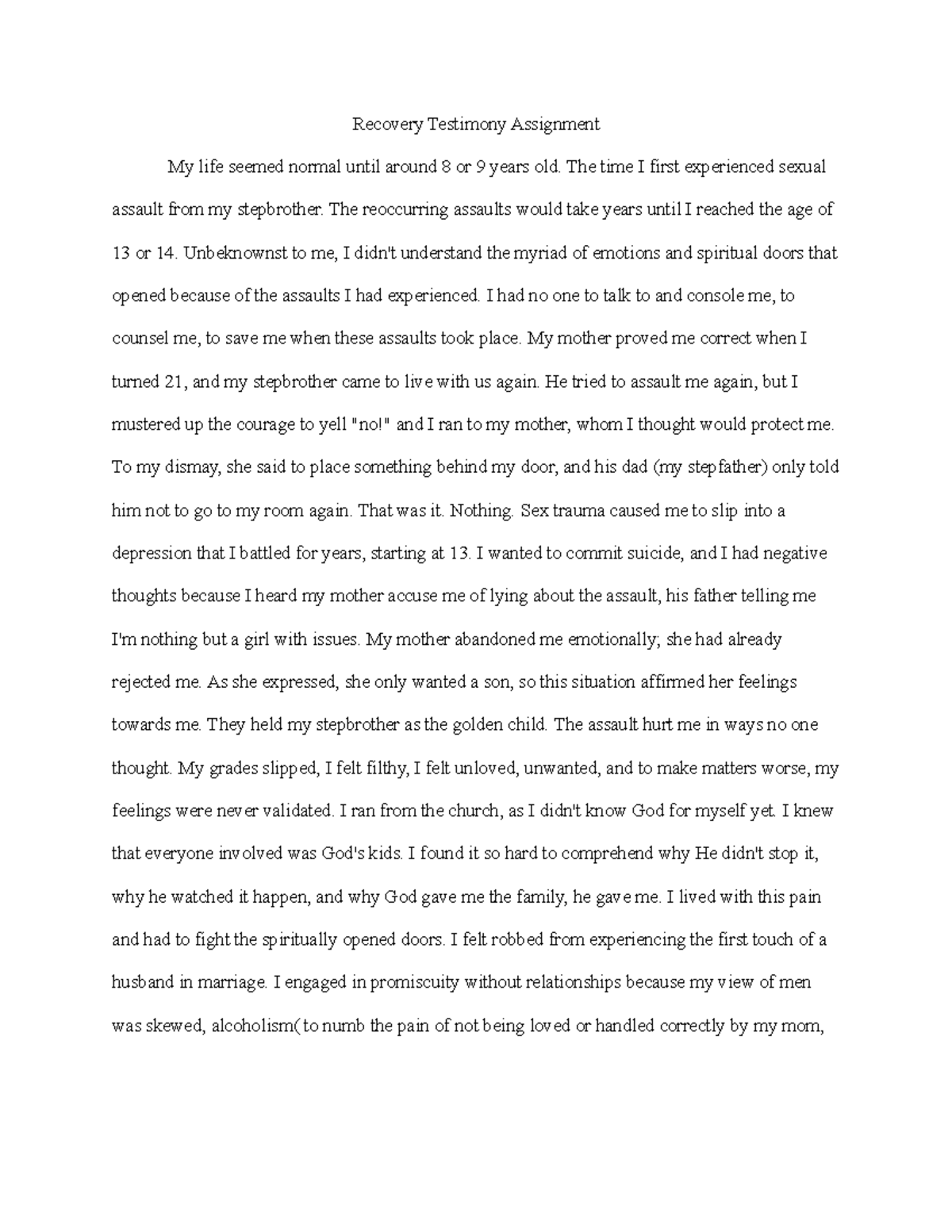 Recovery Testimony Assignment leenay Barnes - Recovery Testimony ...