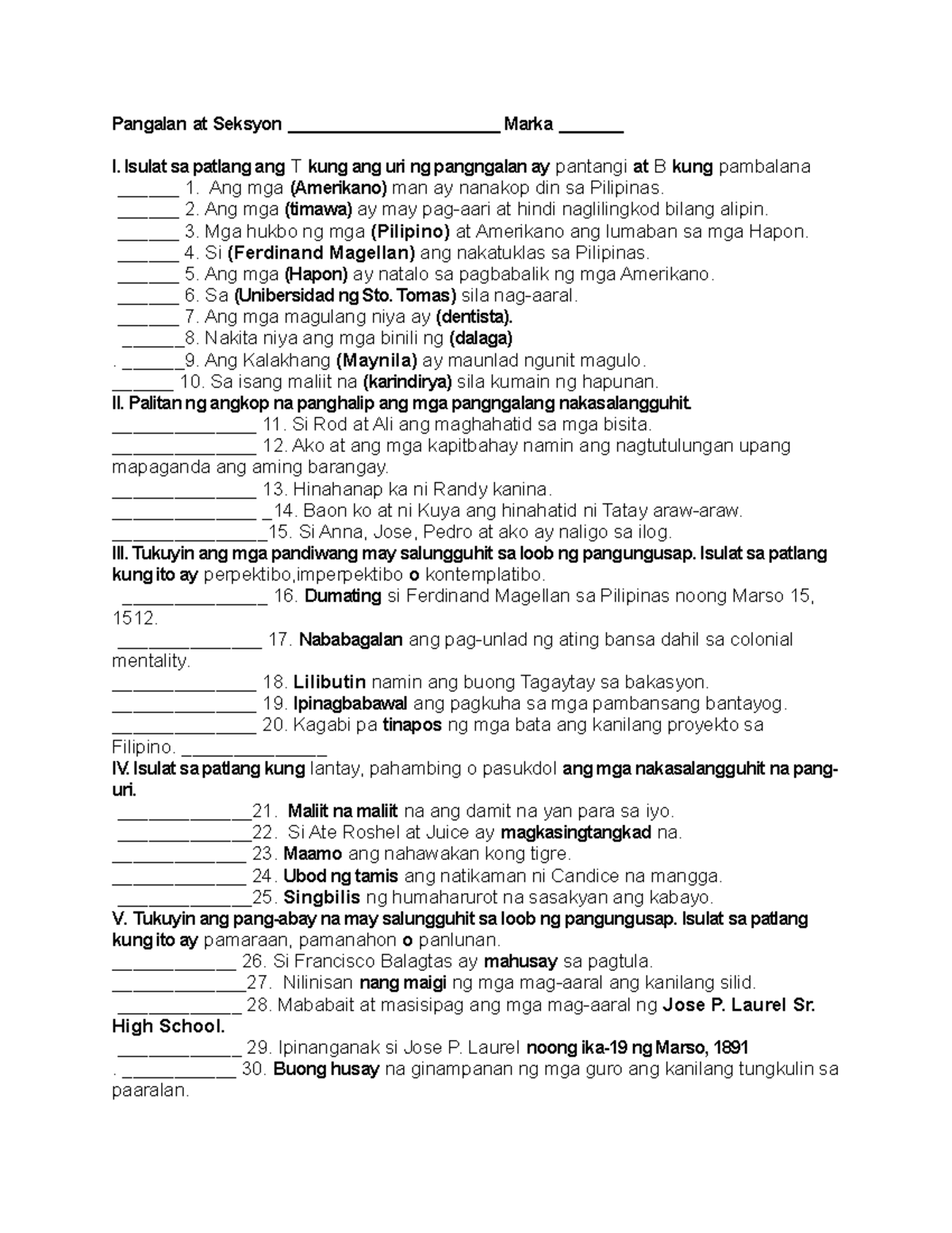 Bahagi ng pananalita quiz - Pangalan at Seksyon _______________________ Marka _______ I. Isulat ...