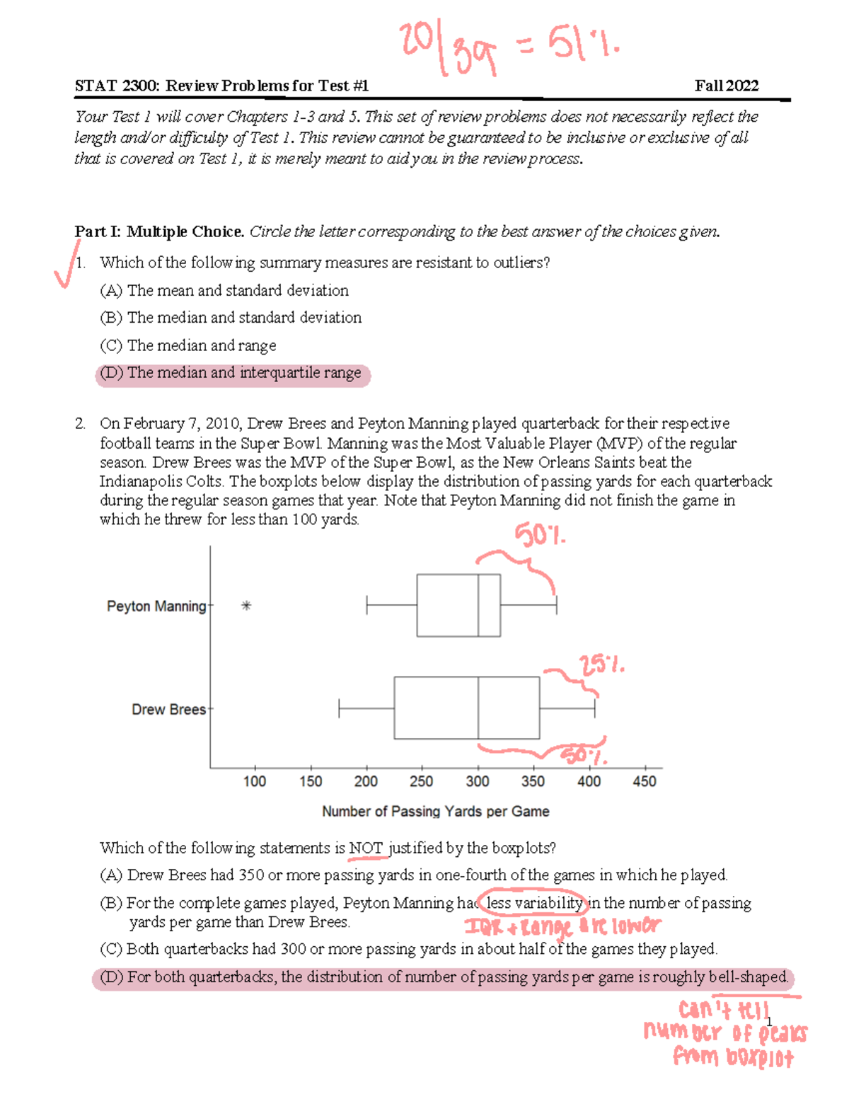 Test 1 Review - 1 STAT 2300: Review Problems for Test #1 Fall 2 022 ...