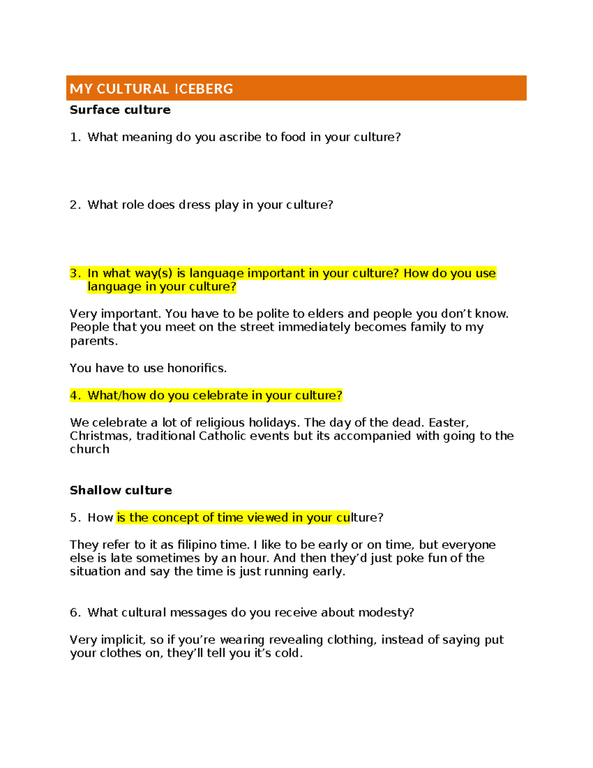 Cultural Identity worksheet Canvas - MY CULTURAL ICEBERG Surface ...