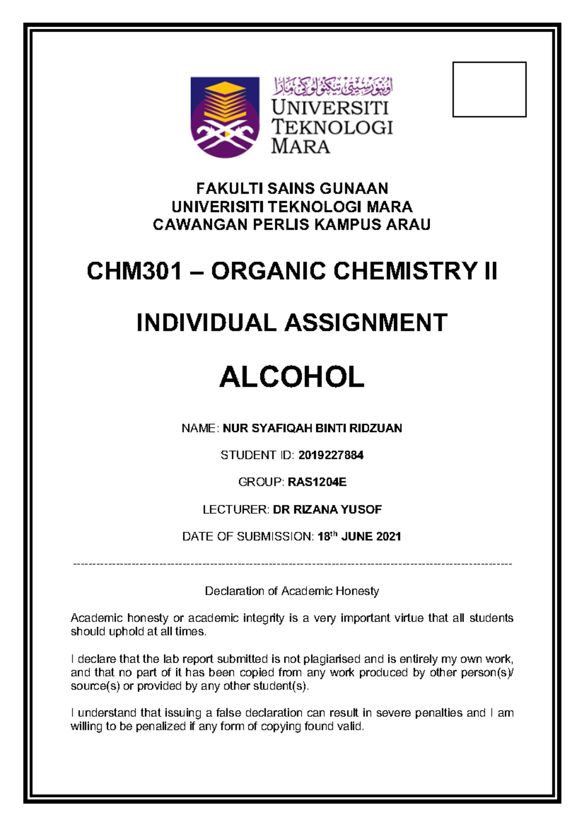 Lab Report Nur Syafiqah Binti Ridzuan AS120 - Diploma in Science - UiTM ...