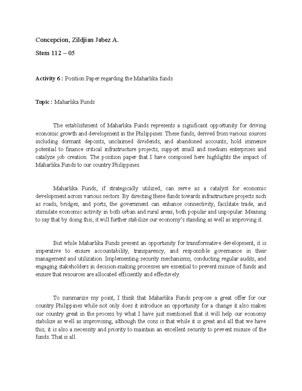 Activity 6 R&W 4Q Concepcion - Concepcion, Zildjian Jabez A. Stem 112 – 05 Activity 6 : Position ...