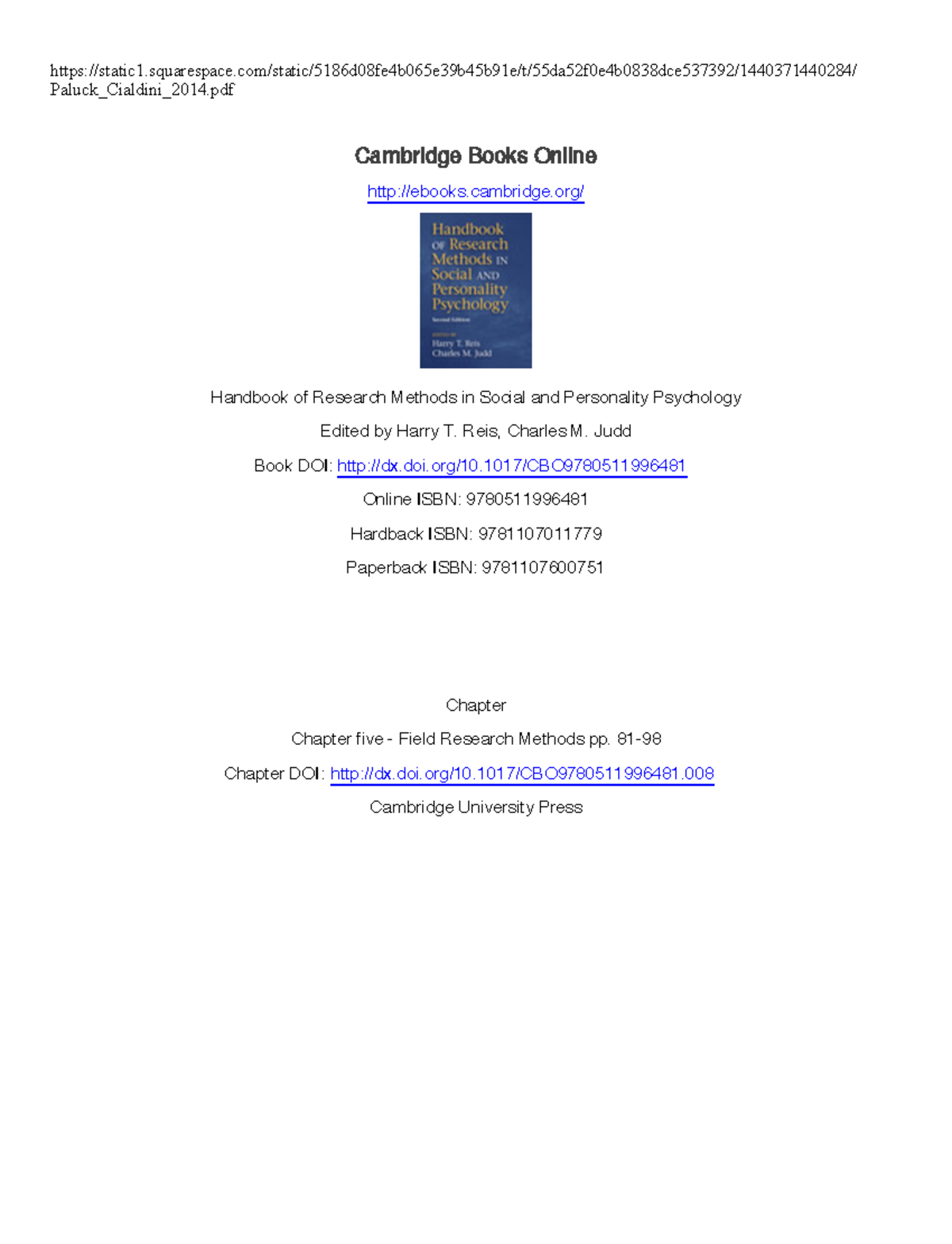 1 Field Research Methods Paluck Cialdini 2014-1 - Cambridge Books ...