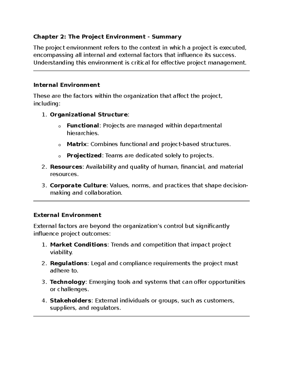 Chapter 2 PM - Summary PM - Chapter 2: The Project Environment - Summary The project environment ...