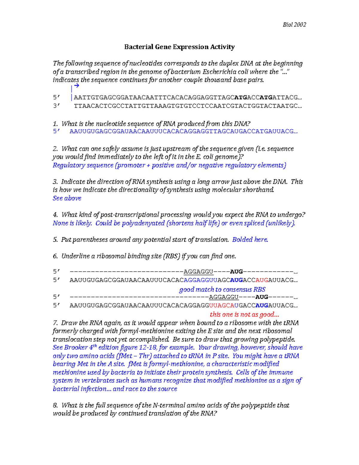 Bacterial Gene Expression Activity KEY - 1. What is the nucleotide ...