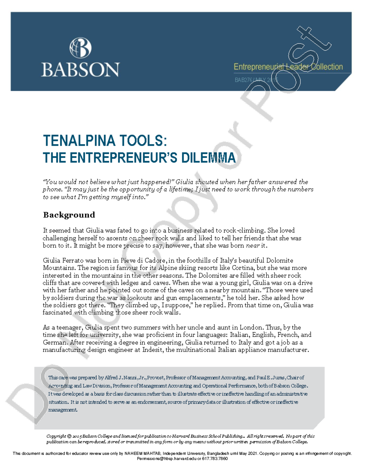 Farah Tasnia Smita - CASE Study - BAB 276 / MAY 2015 This case was ...