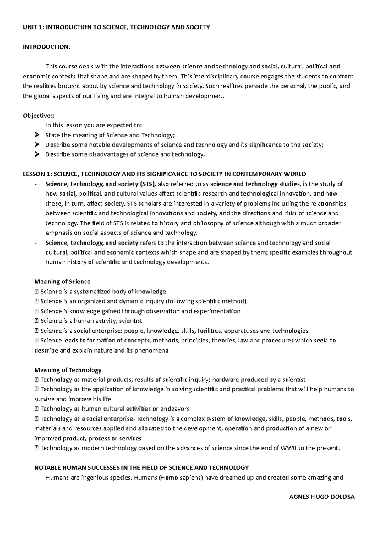 STS-UNIT-1 - Practice - UNIT 1: INTRODUCTION TO SCIENCE, TECHNOLOGY AND ...
