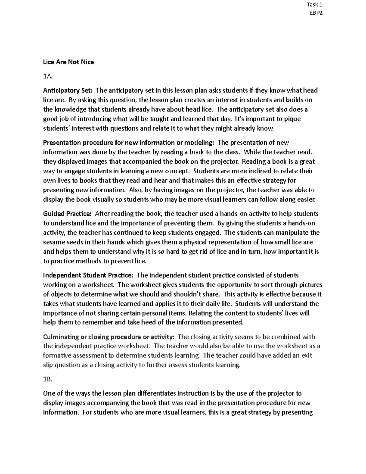 EBP2 - Task 1 to EBP2 - EBP Lice Are Not Nice 1A. Anticipatory Set: The ...