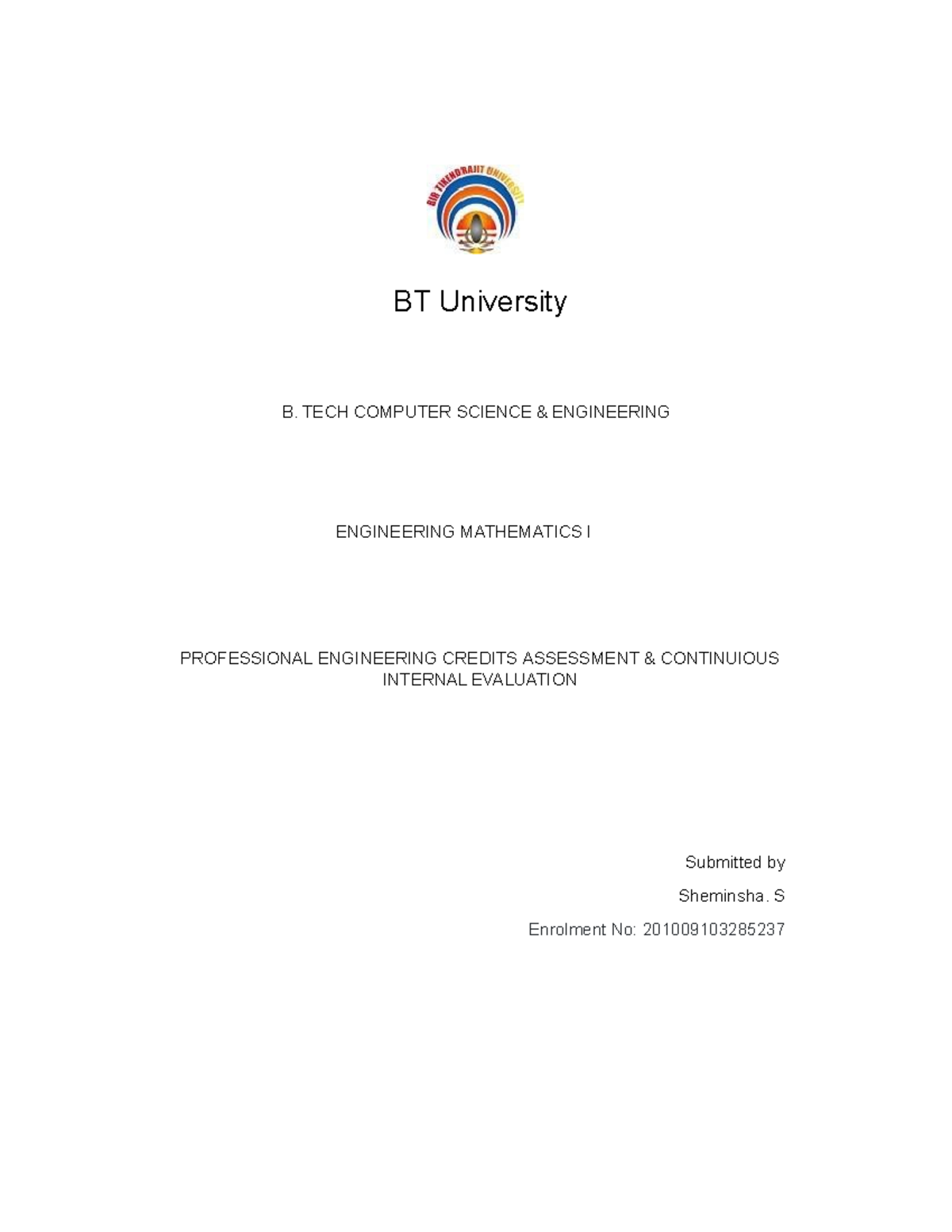 Engineering Mathematics I - Computer Science and ENgineering - BT University B. TECH COMPUTER ...