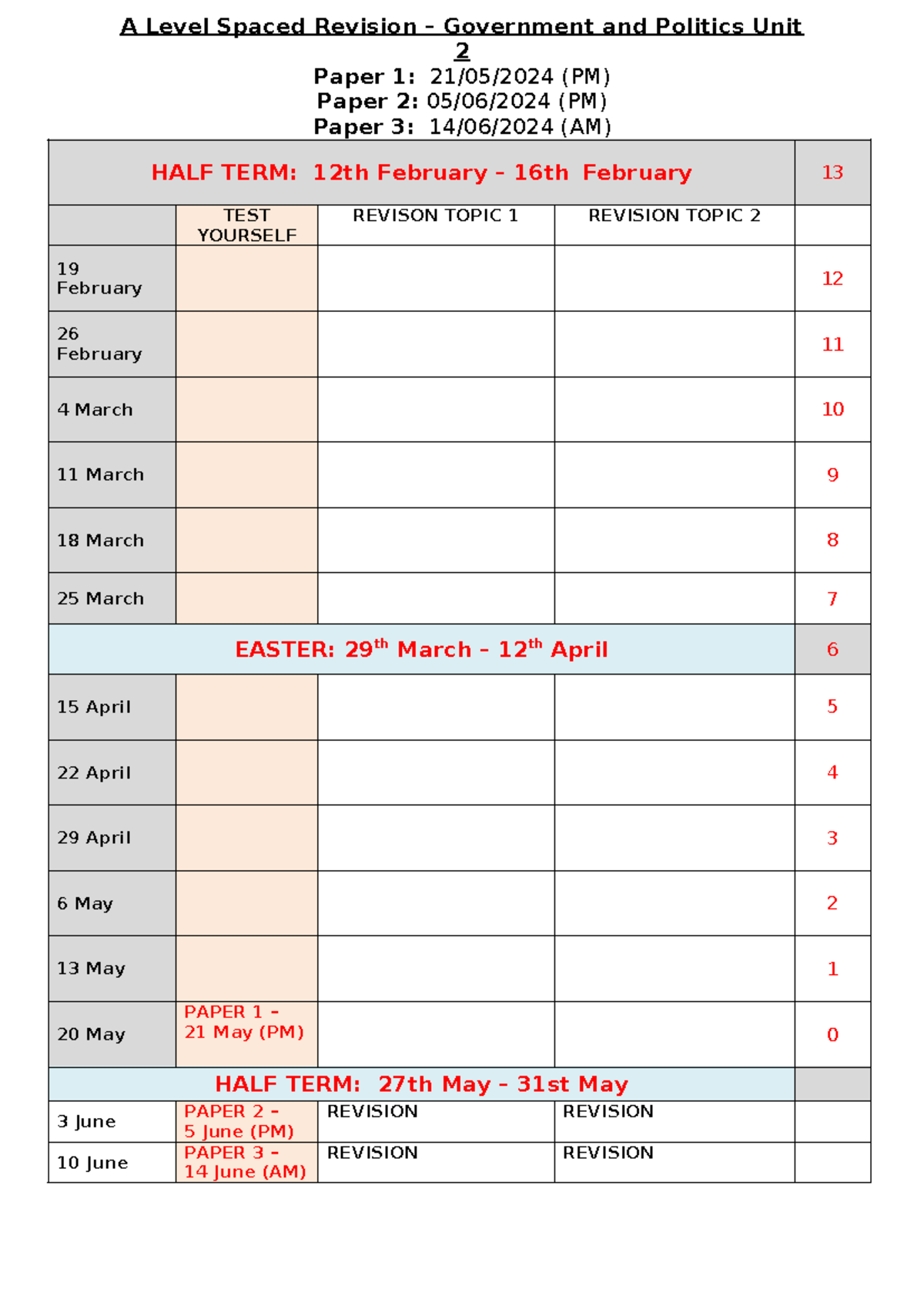 Spaced revision timetable 2024 - A Level Spaced Revision – Government ...