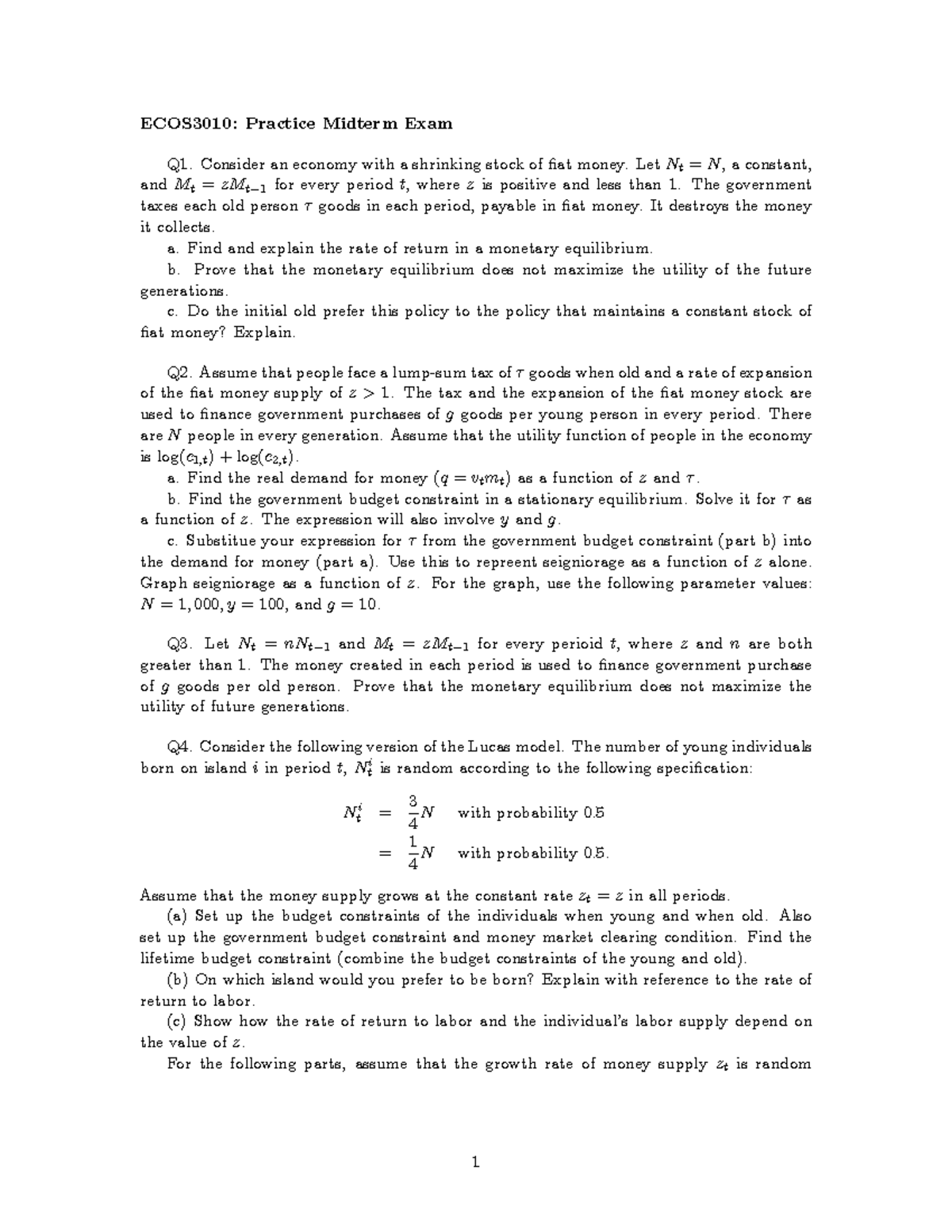 Practicemid - exam - ECOS3010: Practice Midterm Exam Q1. Consider an ...