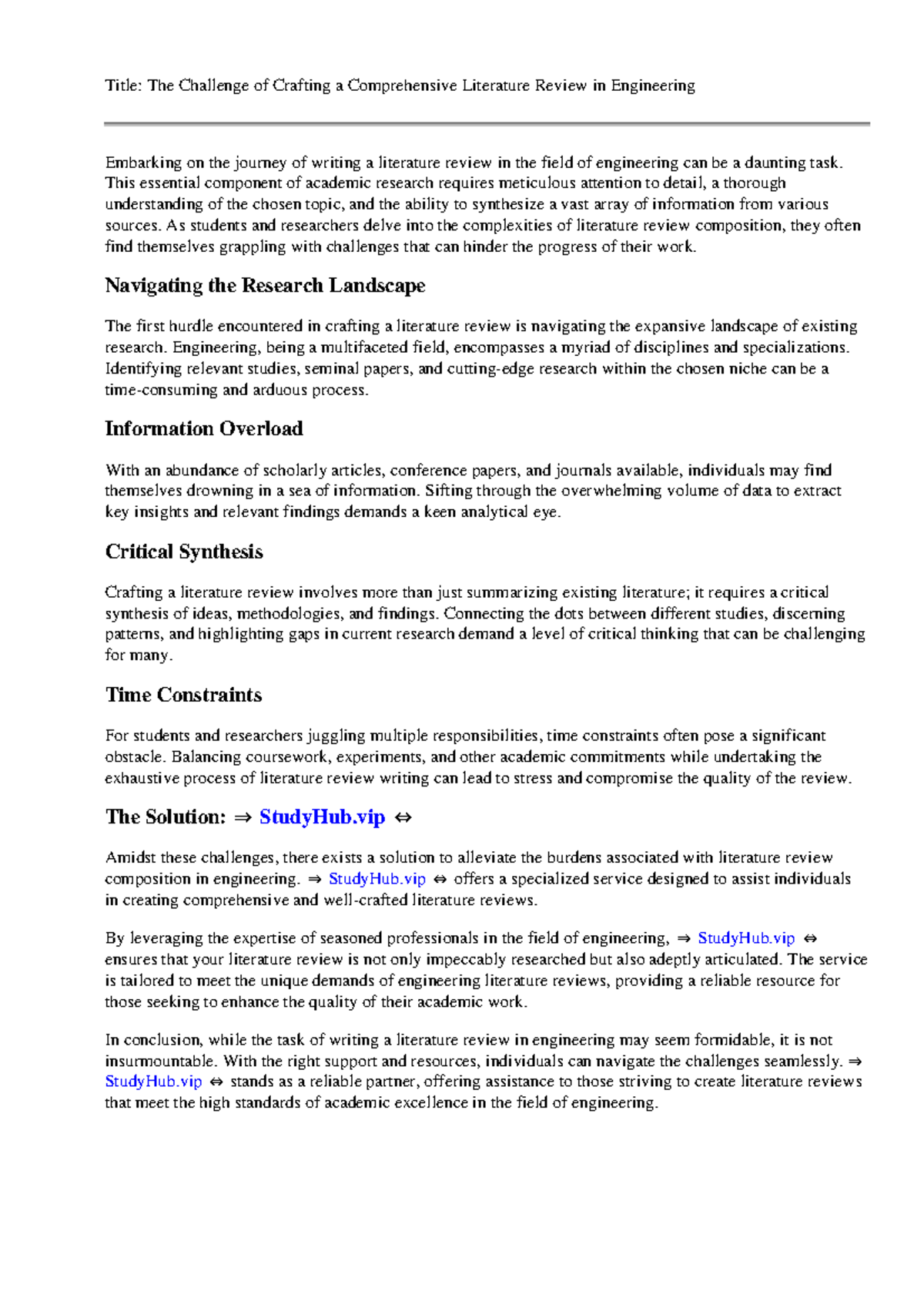 Literature Review Engineering Sample - Title: The Challenge of Crafting ...