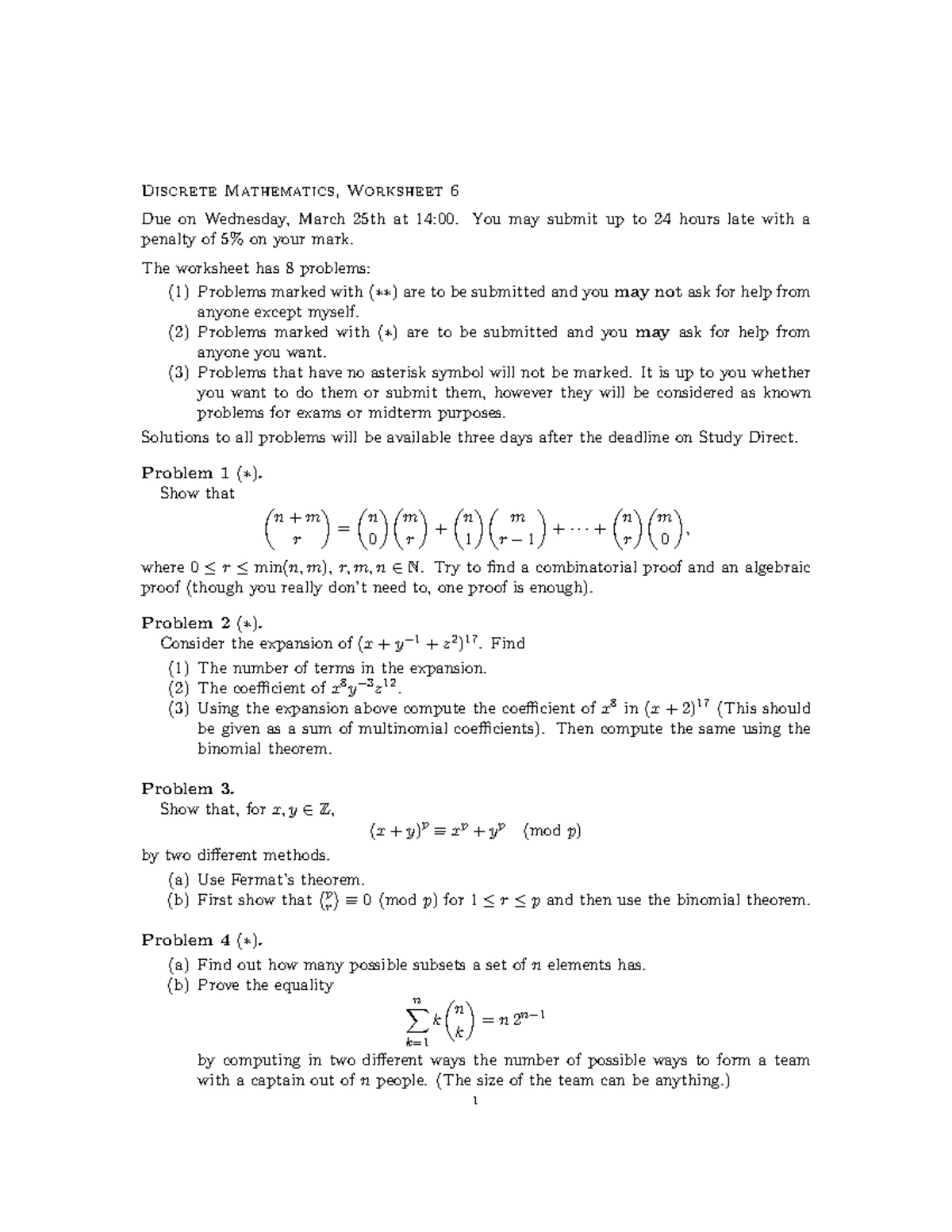Discrete mathematics worksheet 6 - Discrete Mathematics, Worksheet 6 ...