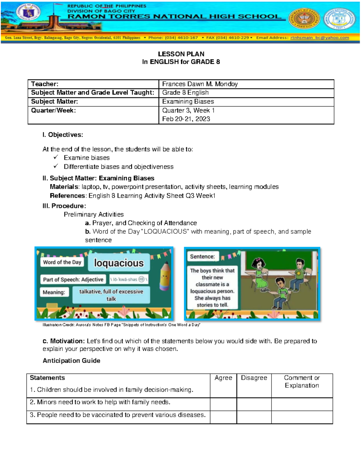 Q3 W1 - Determining Biases LP - LESSON PLAN In ENGLISH for GRADE 8 I ...