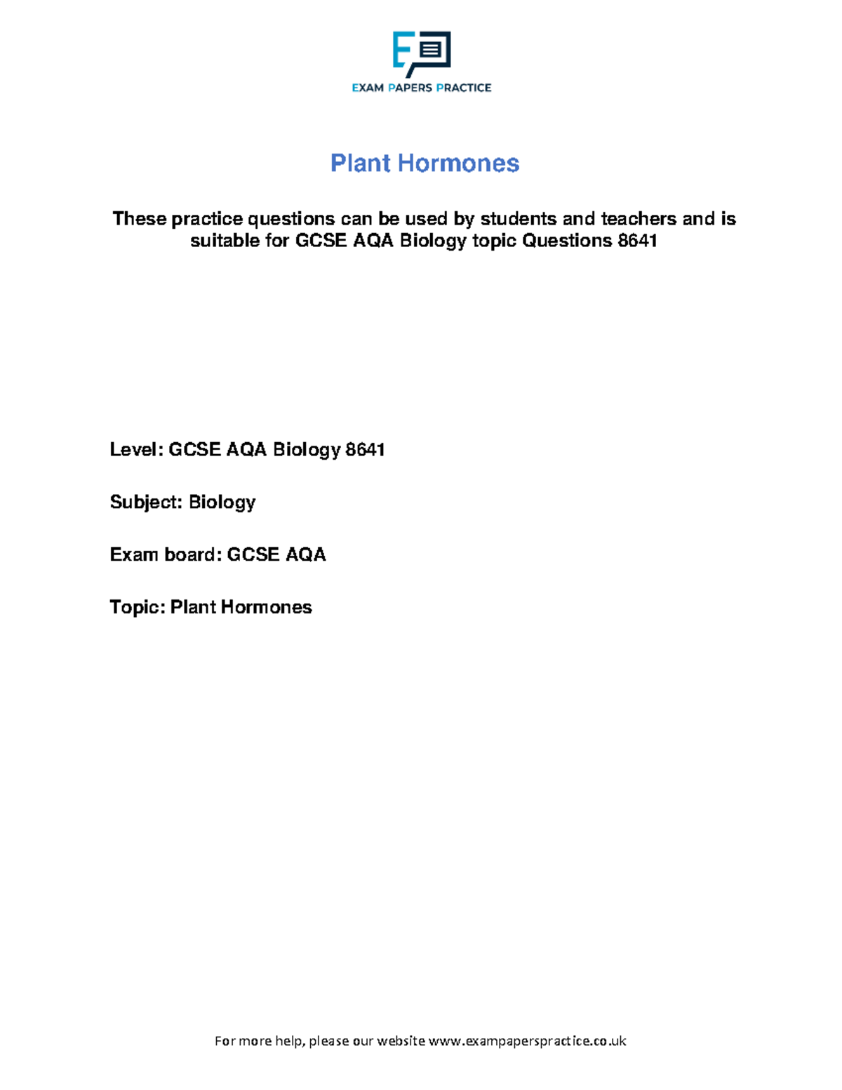 Plant-Hormones - aqa - Plant Hormones These practice questions can be ...