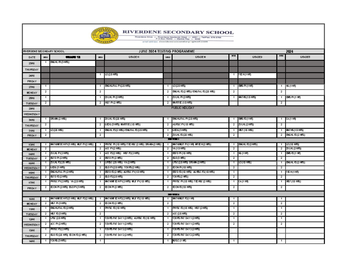 JUNE EXAM TT 2024 [ Final] - RIVERDENE SECONDARY SCHOOL 2024 DATE sess ...