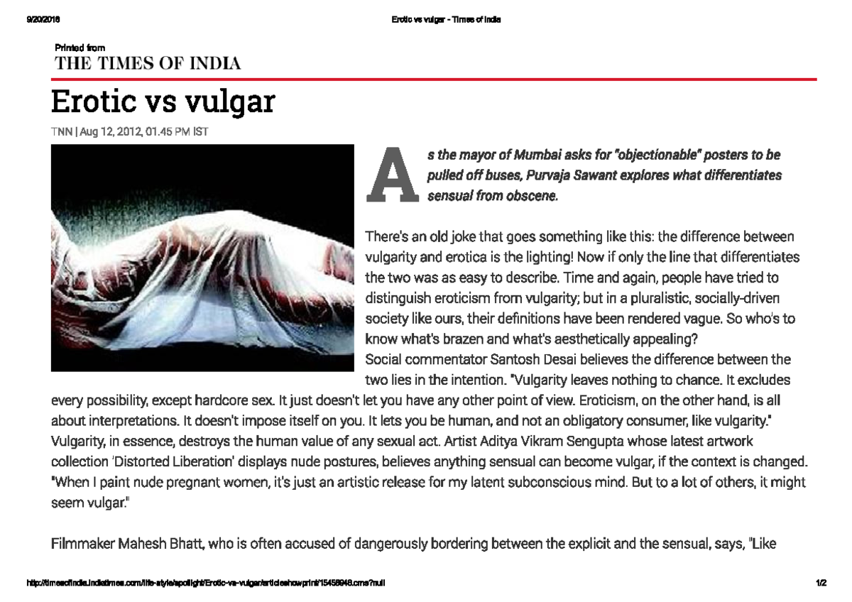 Erotic vs vulgar - Times of India - Law - Studocu