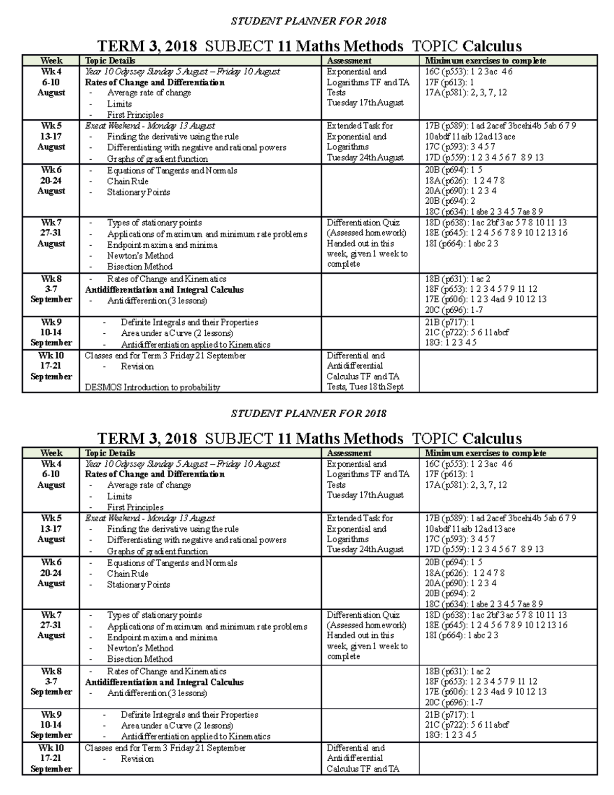 11 MM 2018 Calculus Student Planner - STUDENT PLANNER FOR 2018 TERM 3 ...