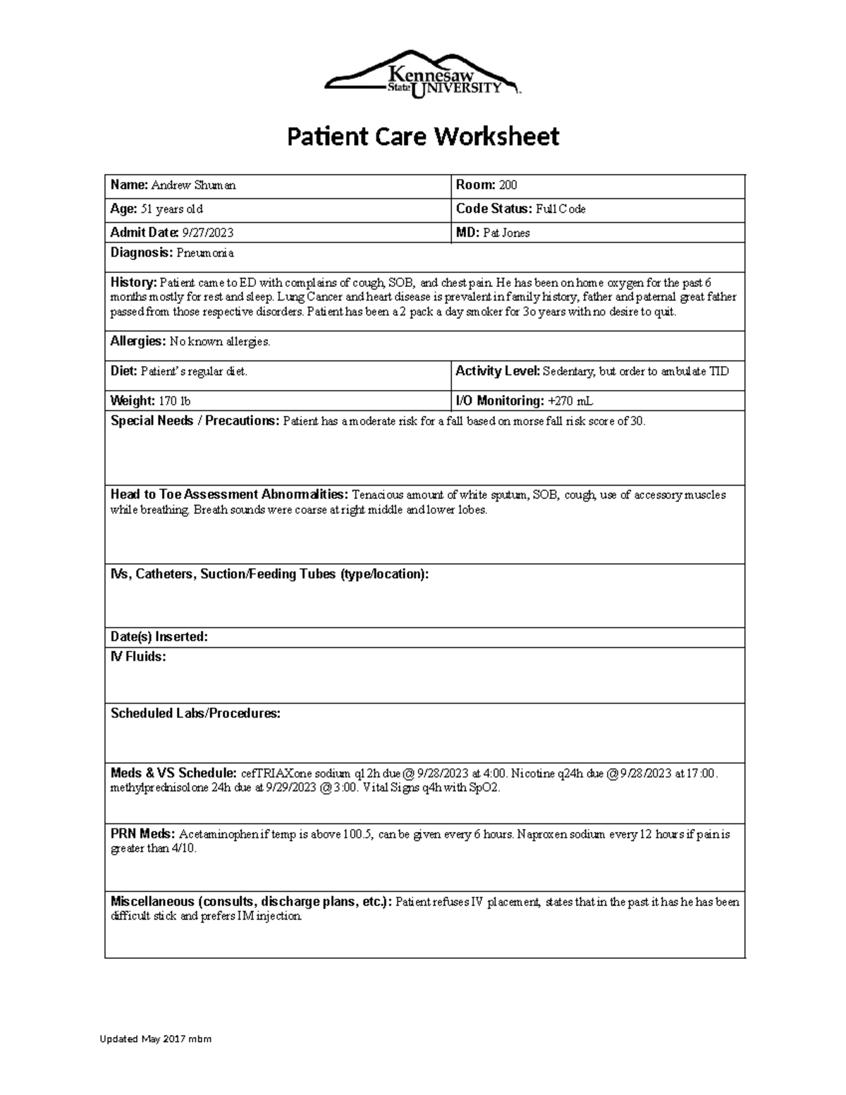 Andrew Shuman - Simulation. - Patient Care Worksheet Updated May 2017 ...