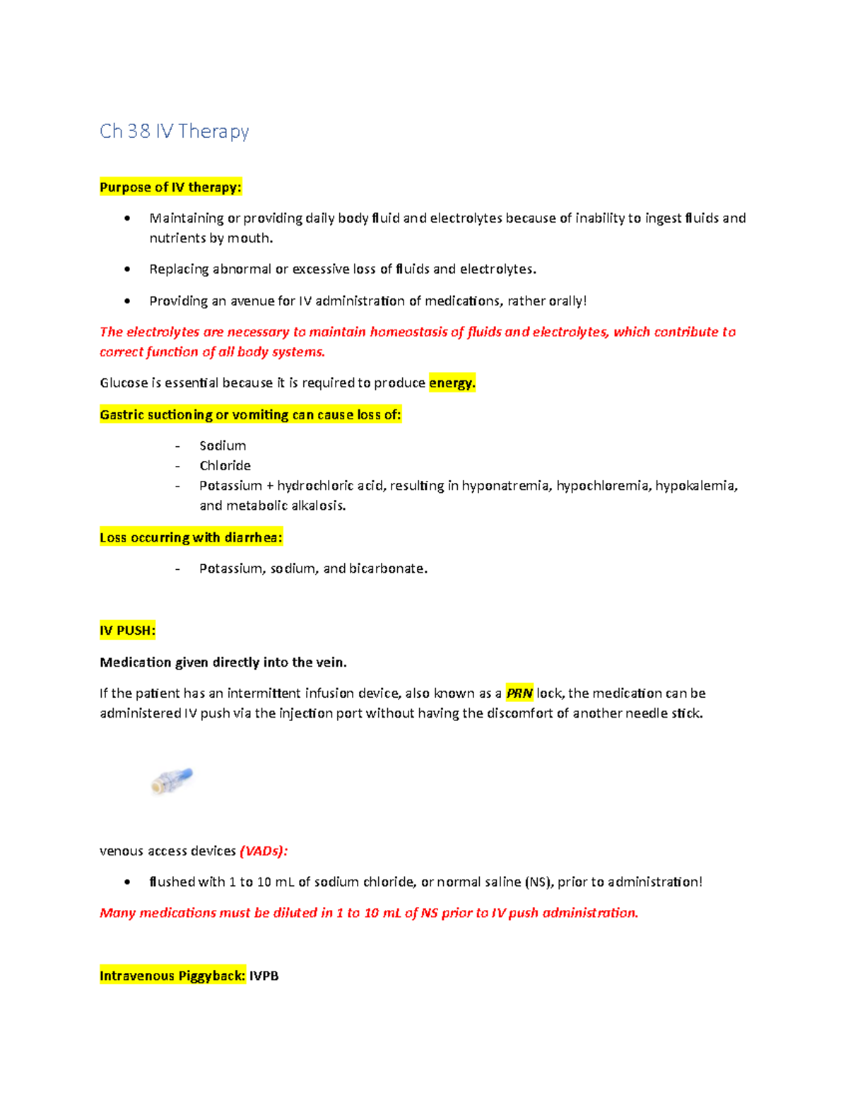 Ch 38 IV Therapy - Notes! - Ch 38 IV Therapy Purpose of IV therapy ...