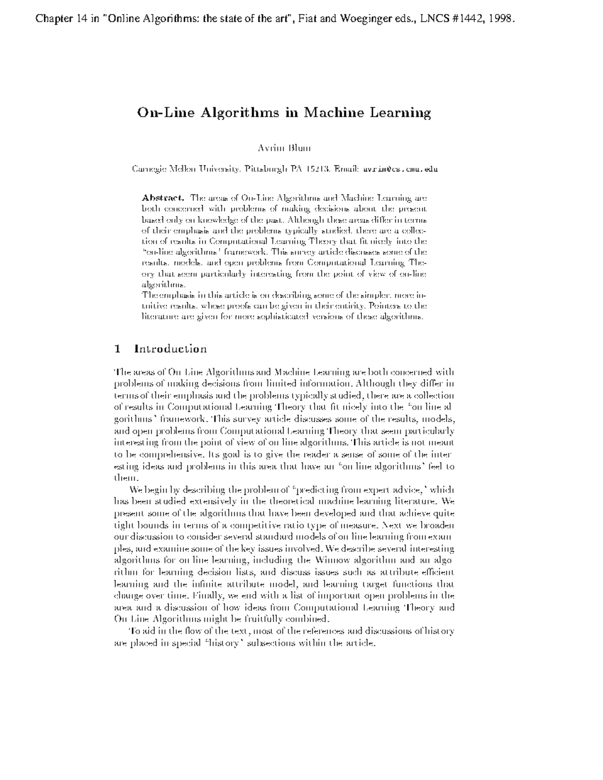 Online-algorithms - Supple - On-Line Algorithms in Machine Learning Avrim Blum Carnegie Mellon ...