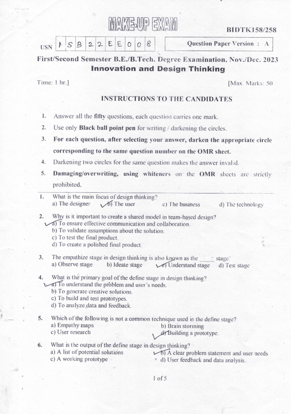 IDT QP - Question paper - EXAM ISB22EE008 Question Paper Version : A USN Semester Degree - Studocu