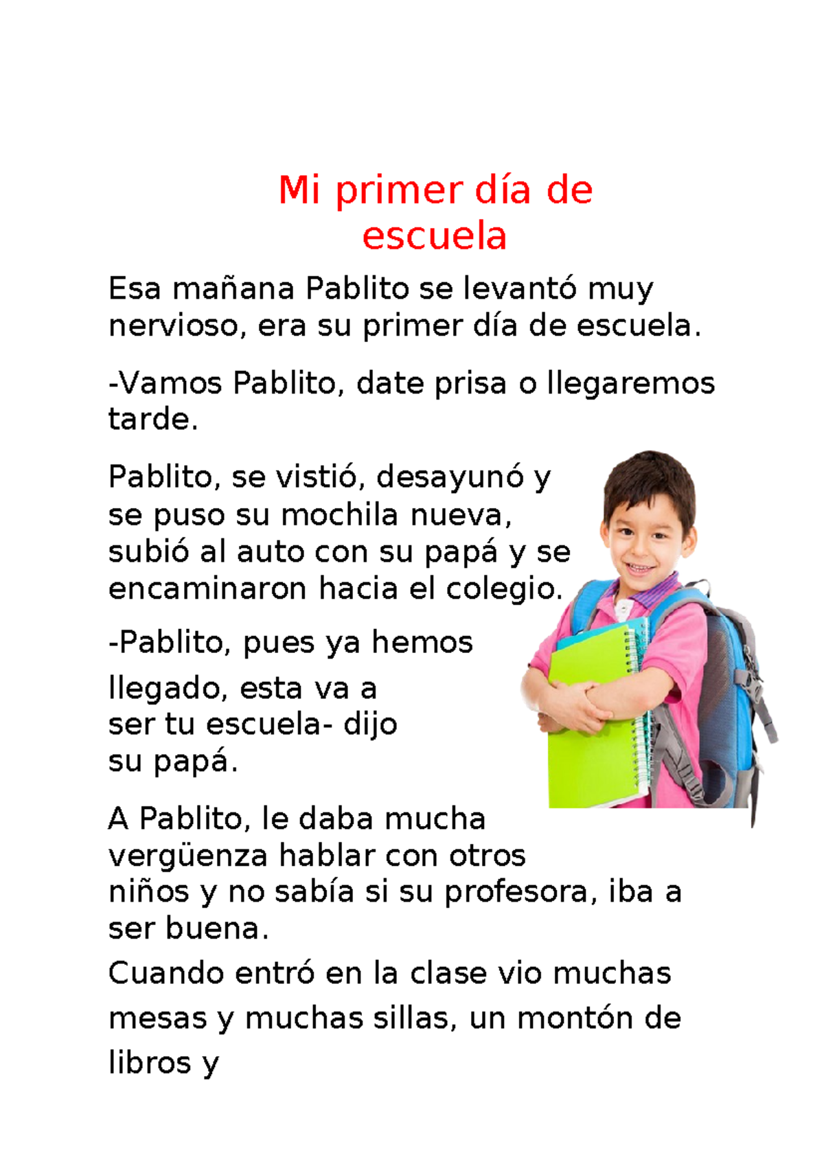 1 grado 6 años (editable) - Mi primer día de escuela Esa mañana Pablito ...