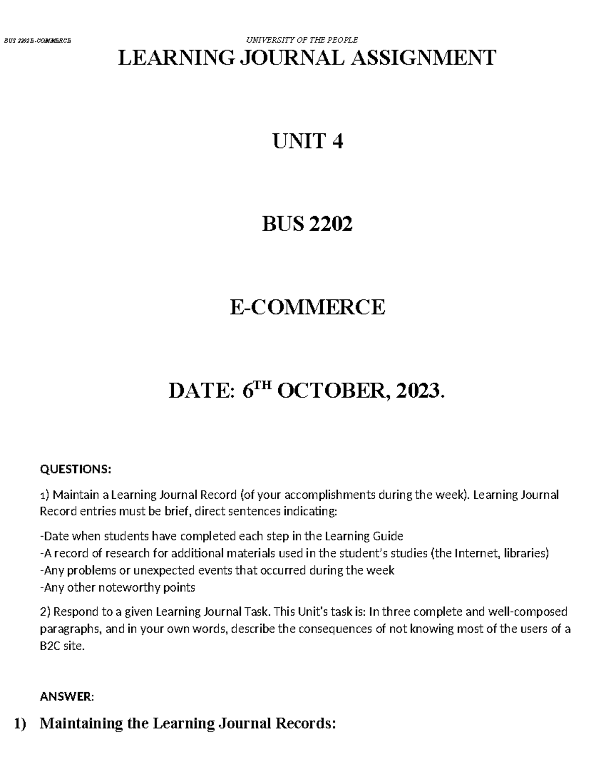 Learning Journal unit 4 - BUS 2202 E-COMMERCE UNIVERSITY OF THE PEOPLE LEARNING JOURNAL ...