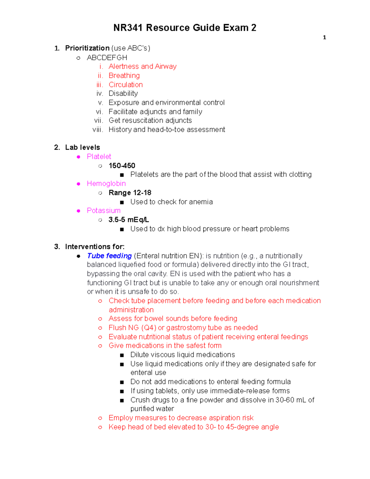 NR341 Resource Guide Exam 2 - 1 Prioritization (use ABC’s) ABCDEFGH i ...