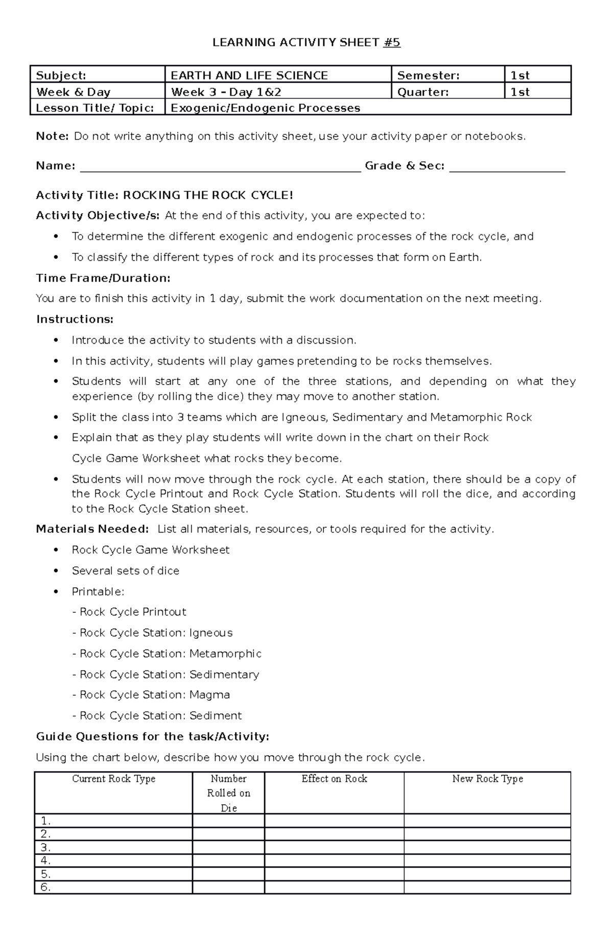 LAS 5 Rocking THE ROCK Cycle - LEARNING ACTIVITY SHEET Subject: EARTH ...