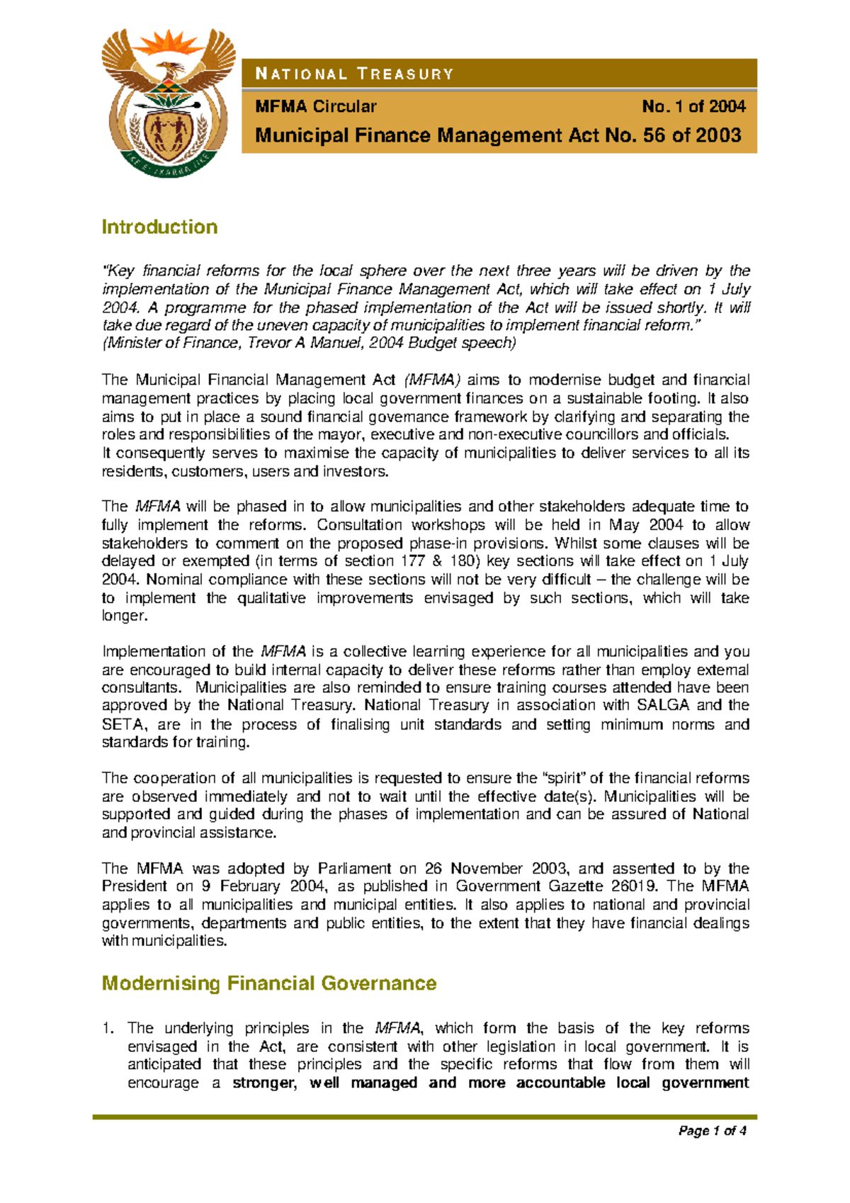 MFMA Circular No 1 of 2004 Introduction to the MFMA - NAT IONAL ...
