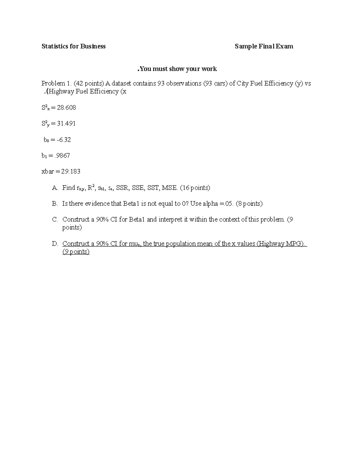 Sample Final Exam Spring 23 - Statistics for Business Sample Final Exam ...