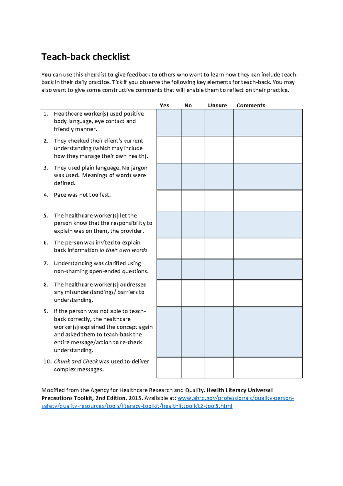 Teach-back-Checklist - Teach-back checklist You can use this checklist ...