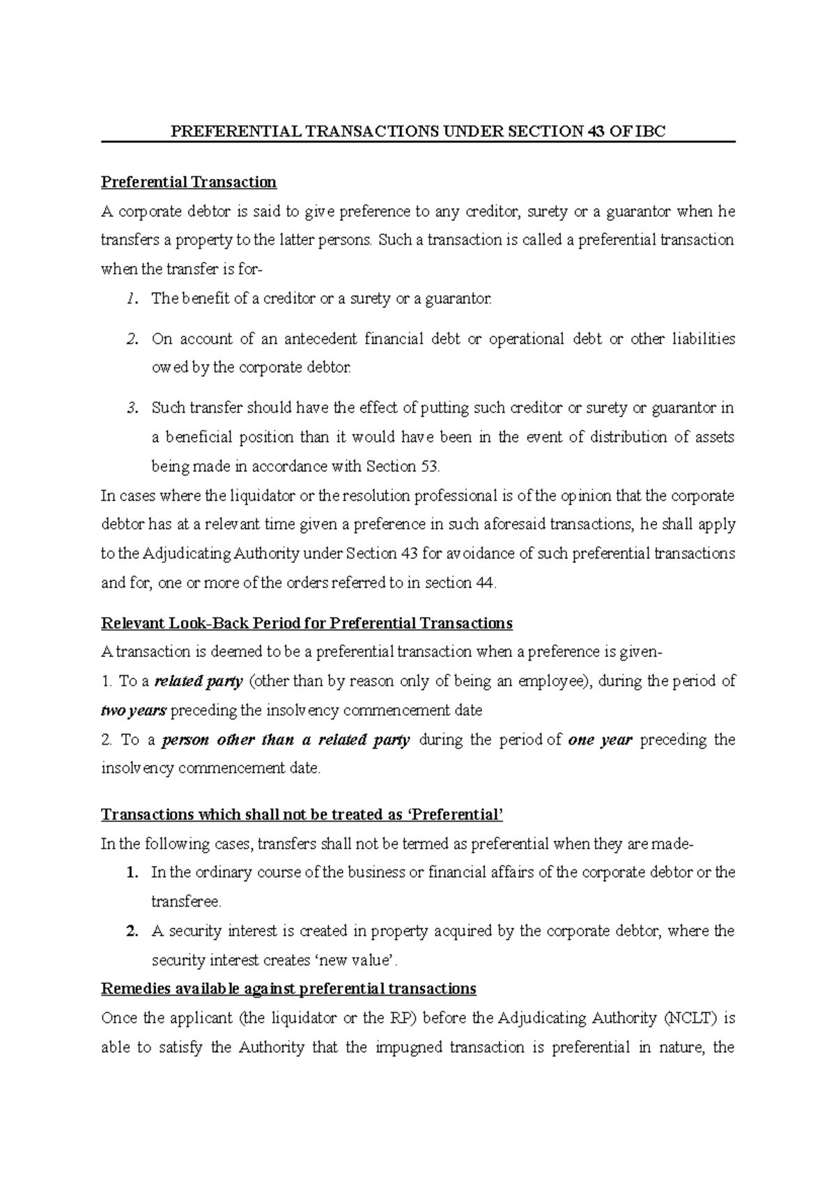 Preferential Transactions under Section 43 - PREFERENTIAL TRANSACTIONS UNDER SECTION 43 OF IBC ...