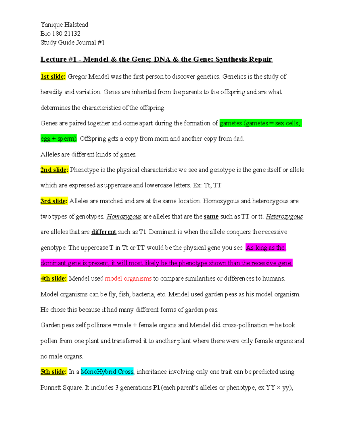 Bio 180 Study Guide #1 - Bio 180 21132 Study Guide Journal # Lecture #1 ...