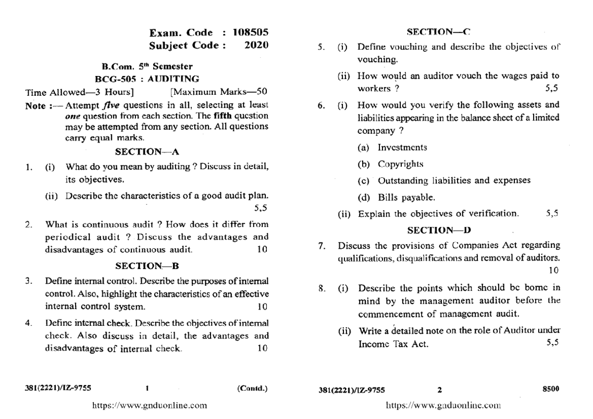 Bcom 5 sem auditing 2020 2021 - B.com - Studocu