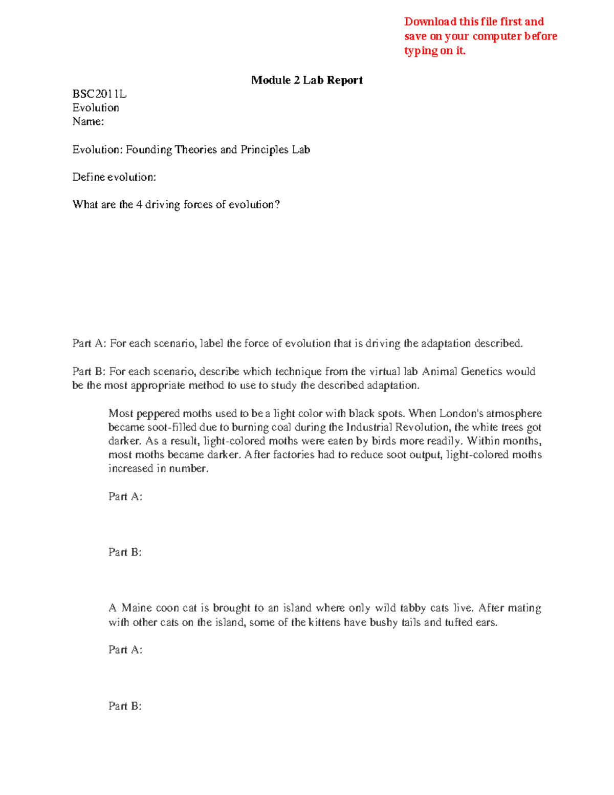 Module 2 Lab Report - Good - Module 2 Lab Report BSC2011L Evolution Name: Evolution: Founding ...