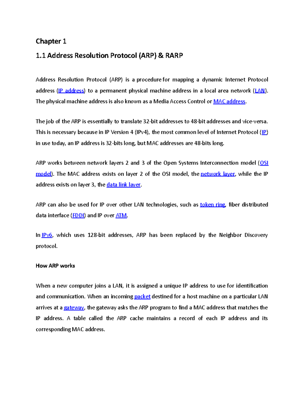 ACN Notes - Chapter 1 1 Address Resolution Protocol (ARP) & RARP ...