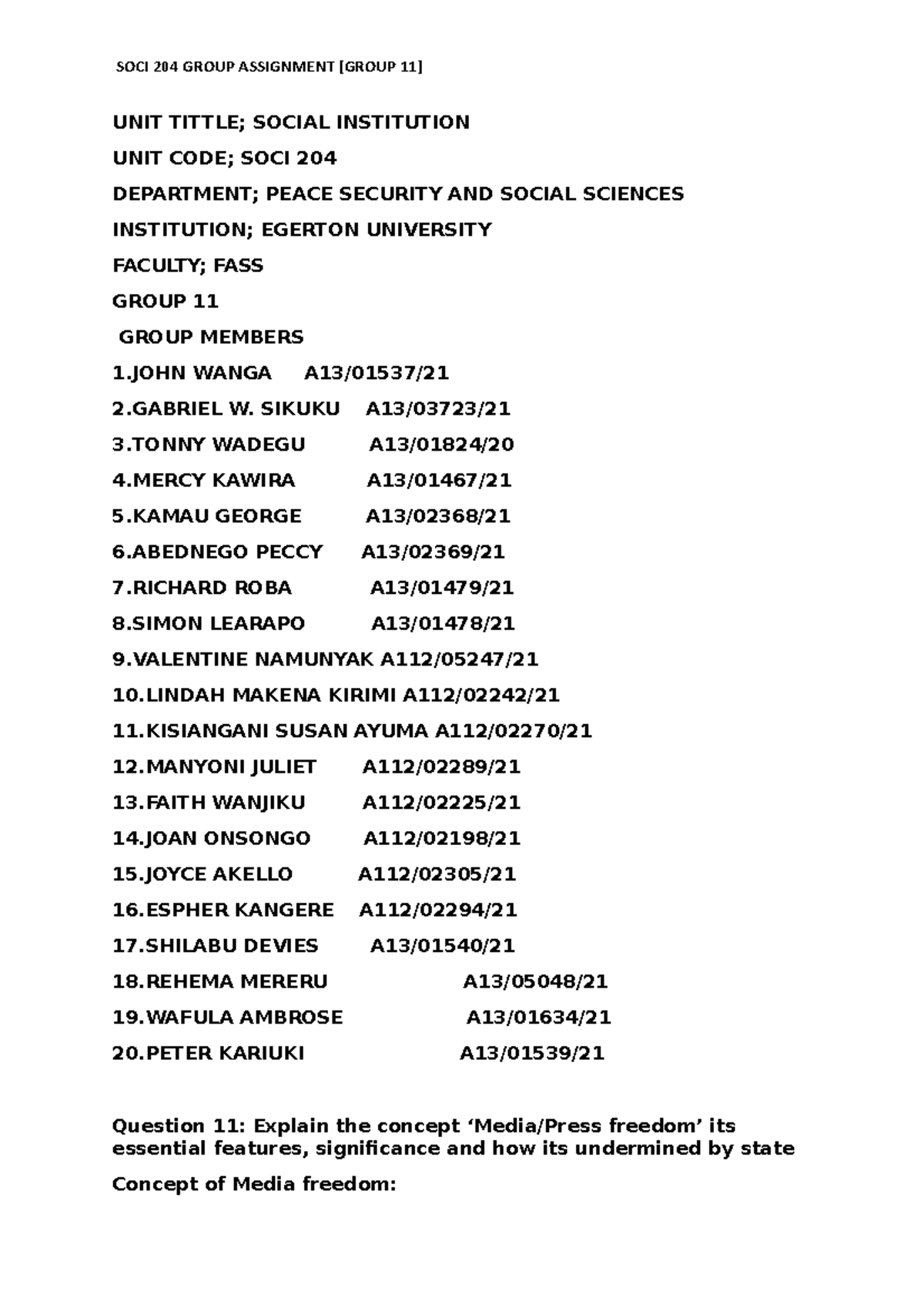 SOI 204 Group 11 Egerton University - UNIT TITTLE; SOCIAL INSTITUTION UNIT CODE; SOCI 204 - Studocu