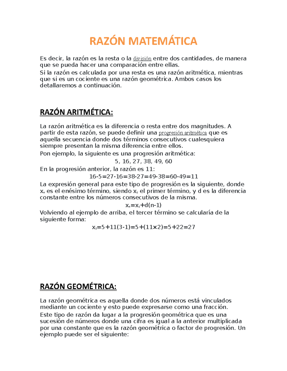 Razón Matemática - trabajo matematica - RAZÓN MATEMÁTICA Es decir, la ...