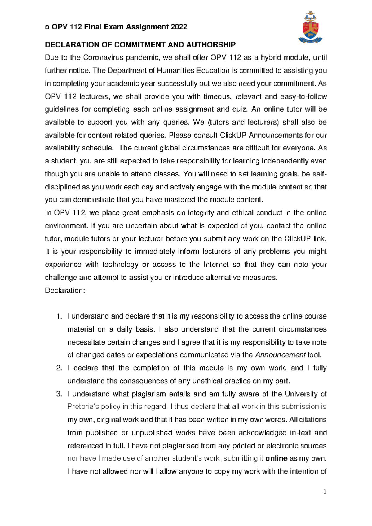 OPV 112 Final Exam Assignment u21696188 - o OPV 112 Final Exam ...