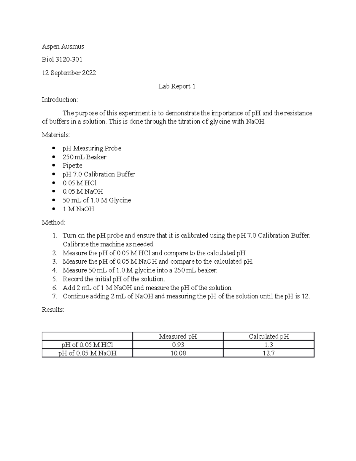 Cell Bio Lab Report 1 - Ausmus - Aspen Ausmus Biol 3120- 12 September ...