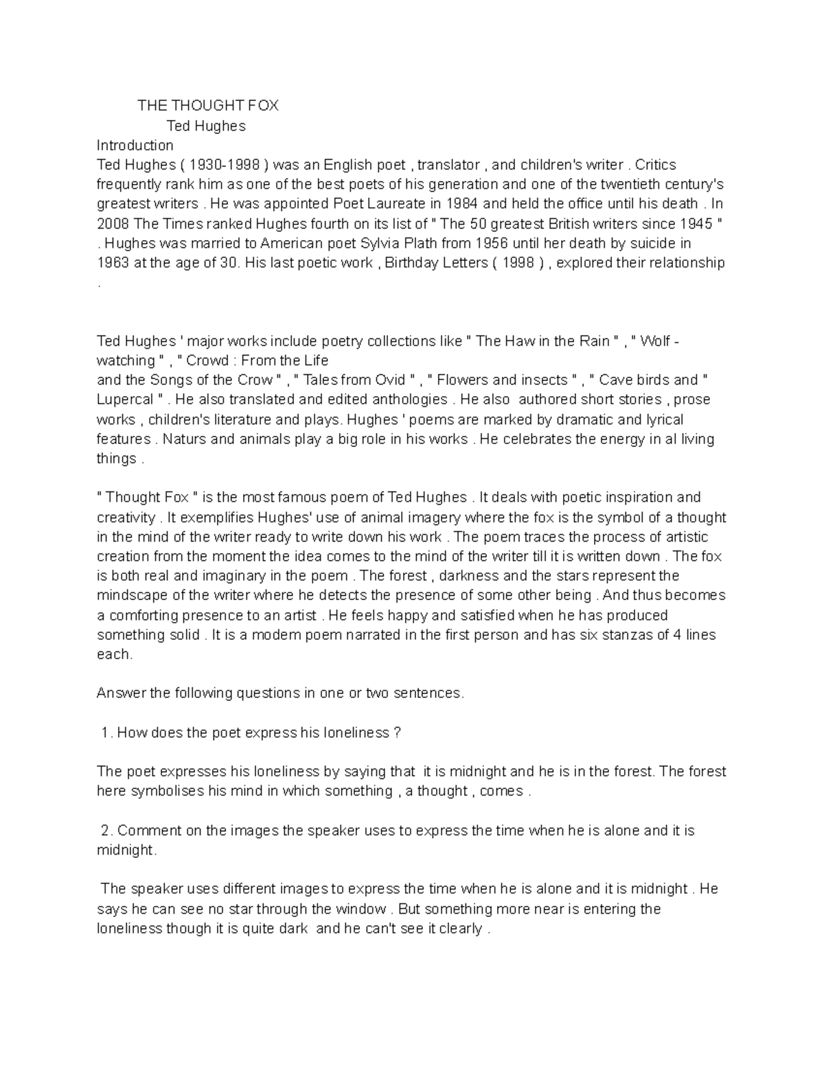 THE Thought FOX full notes by Santhini. O. S - THE THOUGHT FOX Ted ...