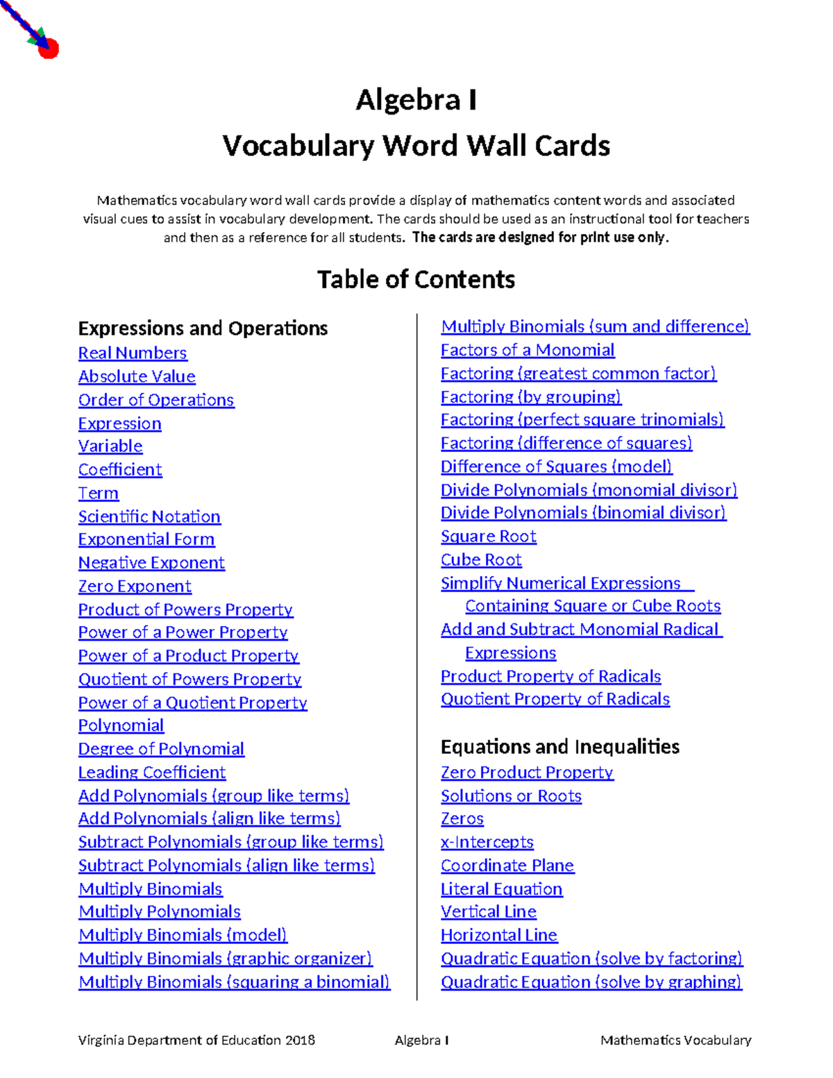 Alg 1 vocab cards 2016 - ... - Algebra I Vocabulary Word Wall Cards ...