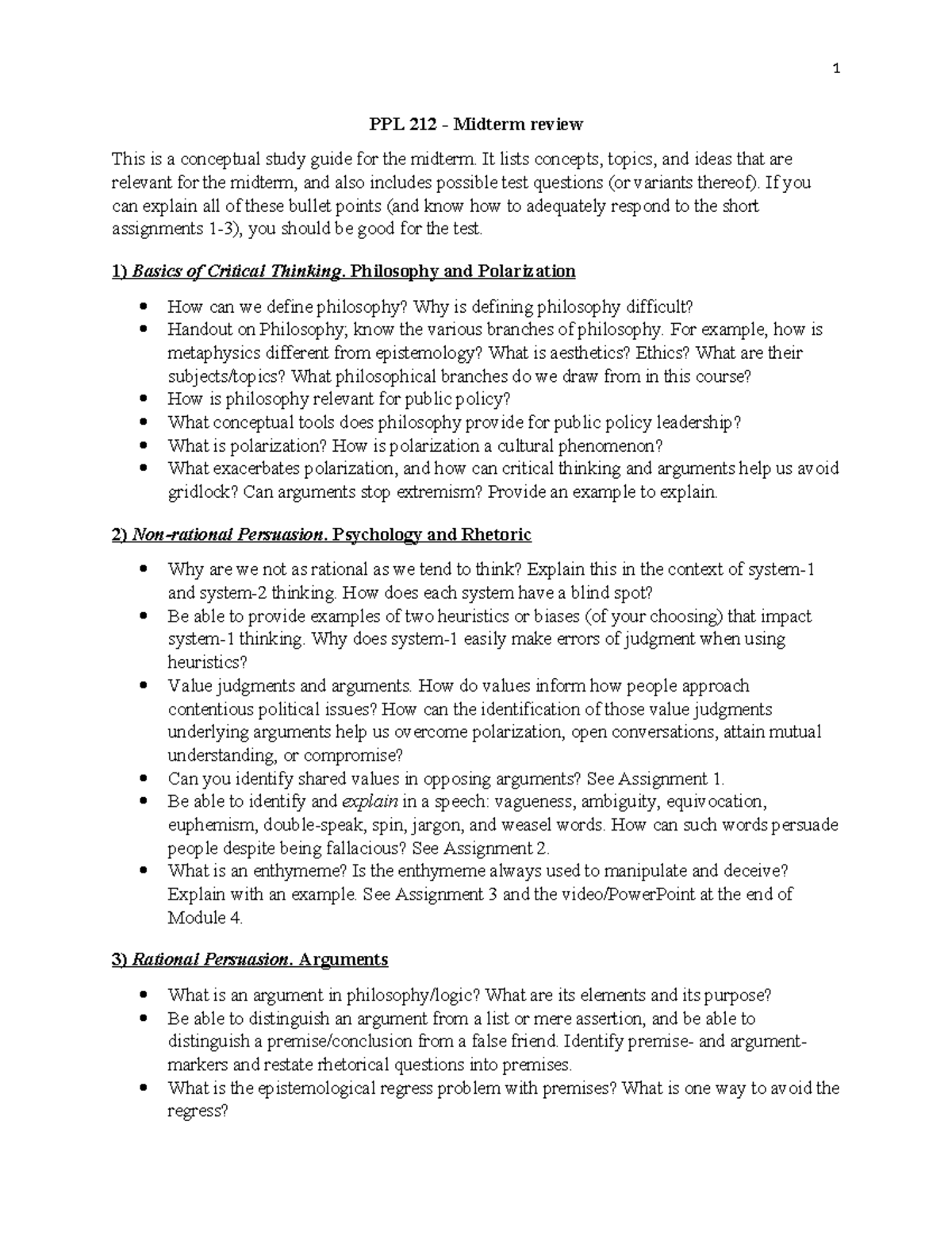 PPL 212 midterm study guide - 1 PPL 212 - Midterm review This is a ...