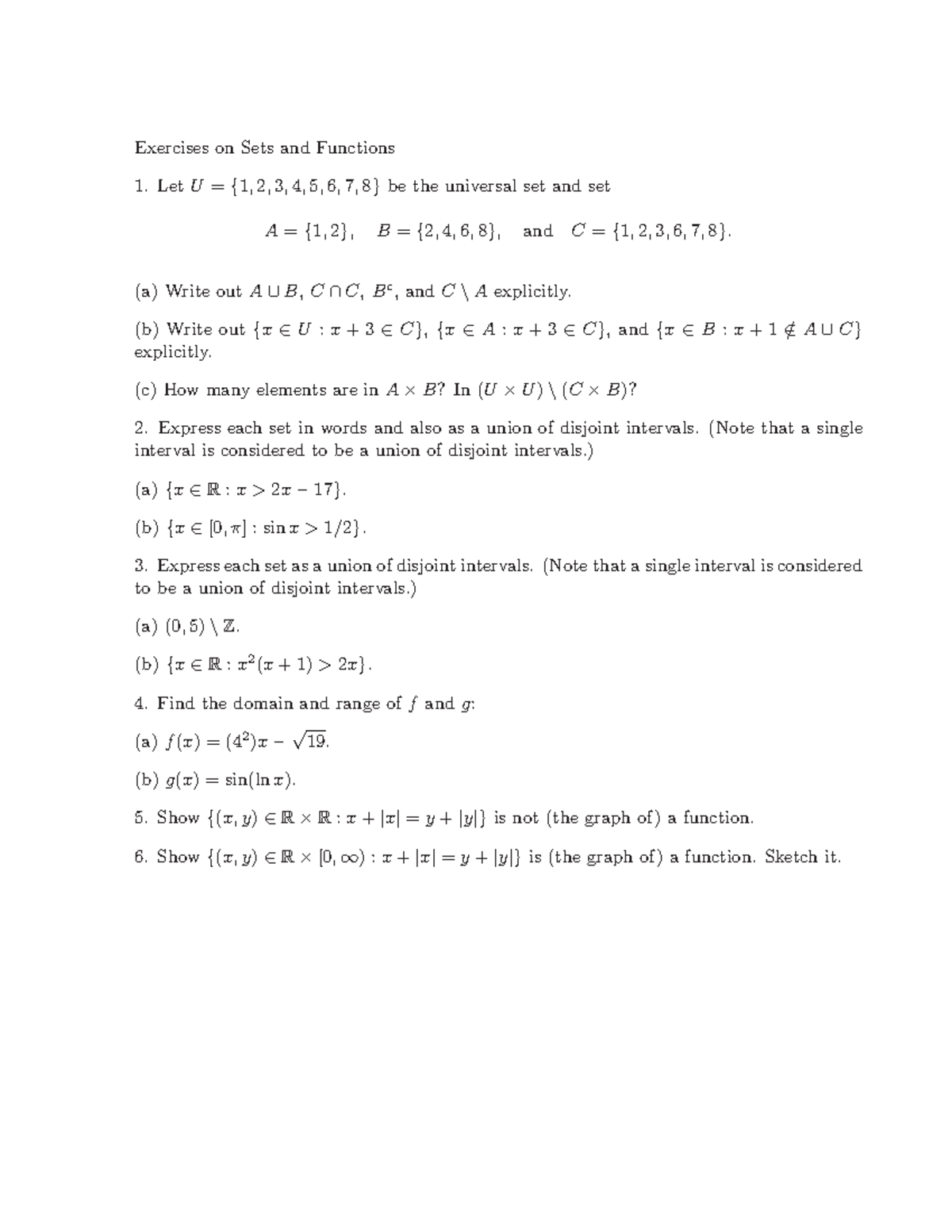 Set Exercises - Exercises on Sets and Functions Let U = { 1 , 2 , 3 , 4 ...