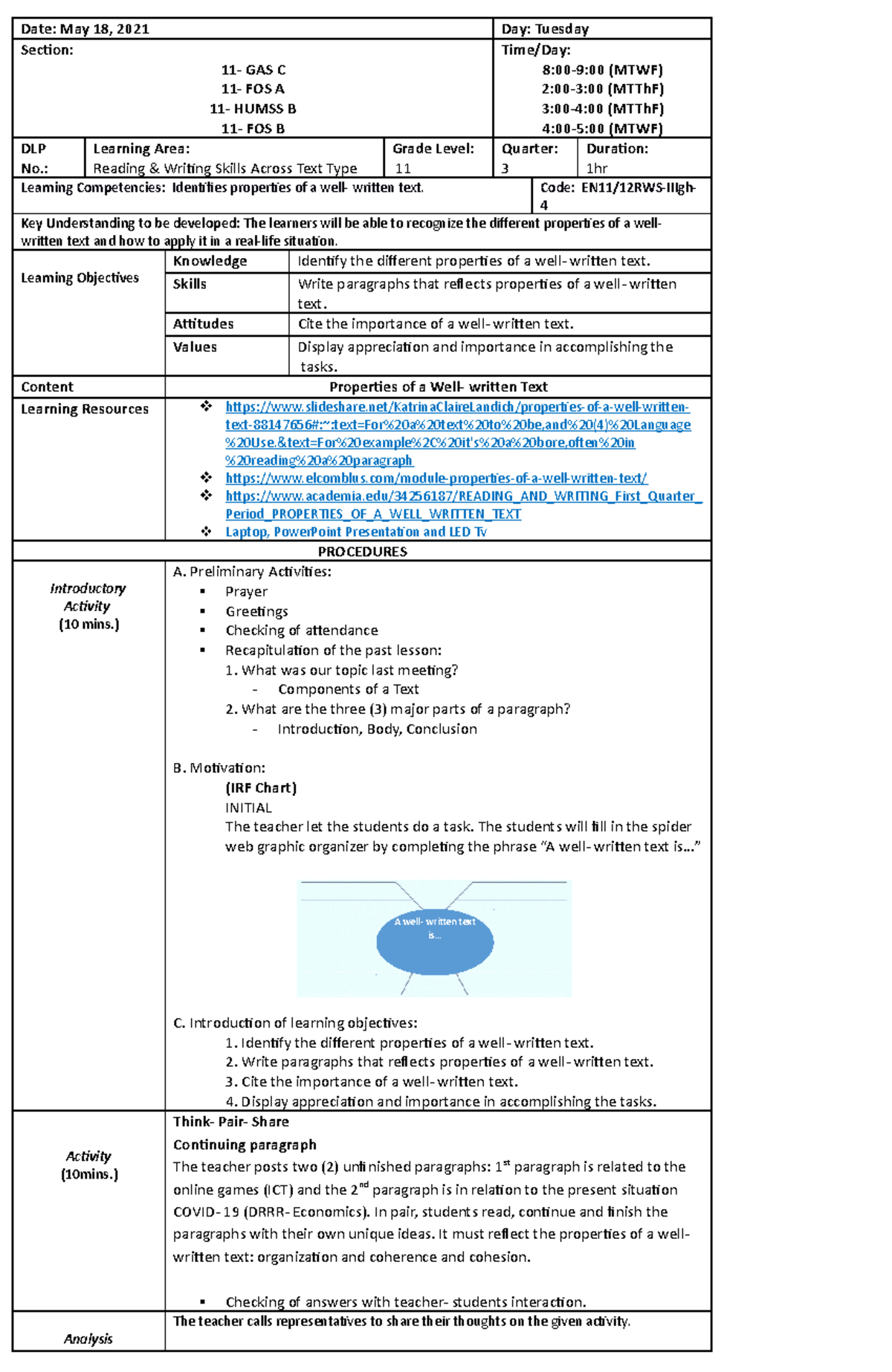 Original LP - Sample Lesson Plan - Date: May 18, 2021 Day: Tuesday ...